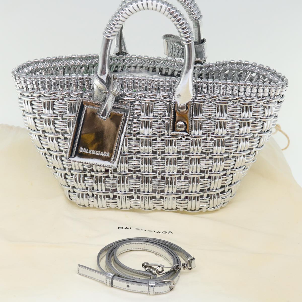 BALENCIAGA Bistro XS Hand Bag Wicker 2way Silver 671342 Auth BALENCIAGA Bistro XS Hand Bag Wicker 2way Silver 671342 Auth